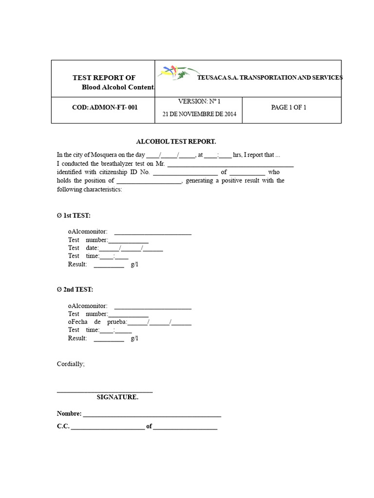 Report On Blood Alcohol Test | PDF