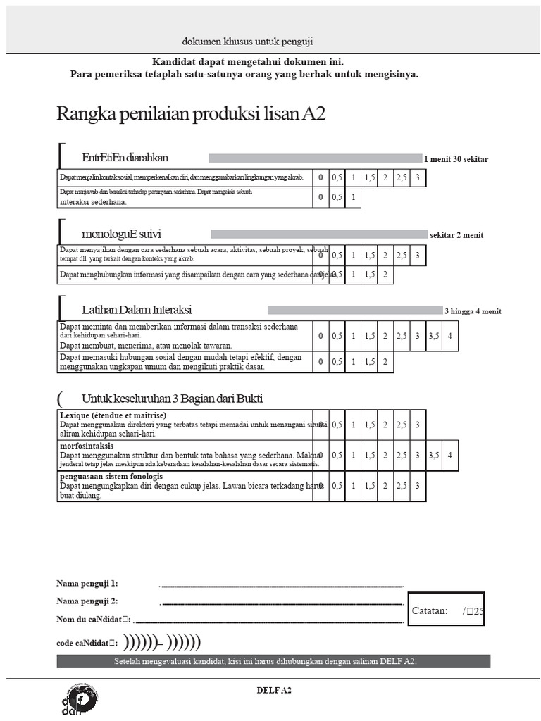 Sistem Penilaian Produksi Lisan Delf A2 TP 2 | PDF