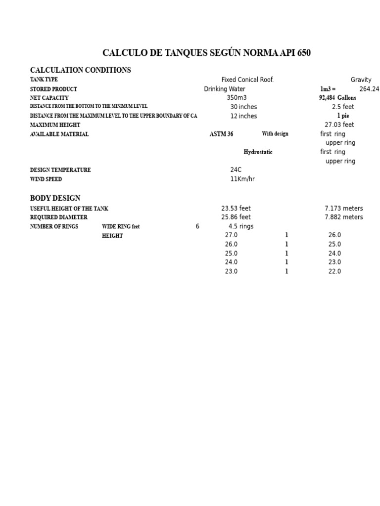 API 650 Tank Design Calculations | PDF | Foot (Unit) | Mechanical ...