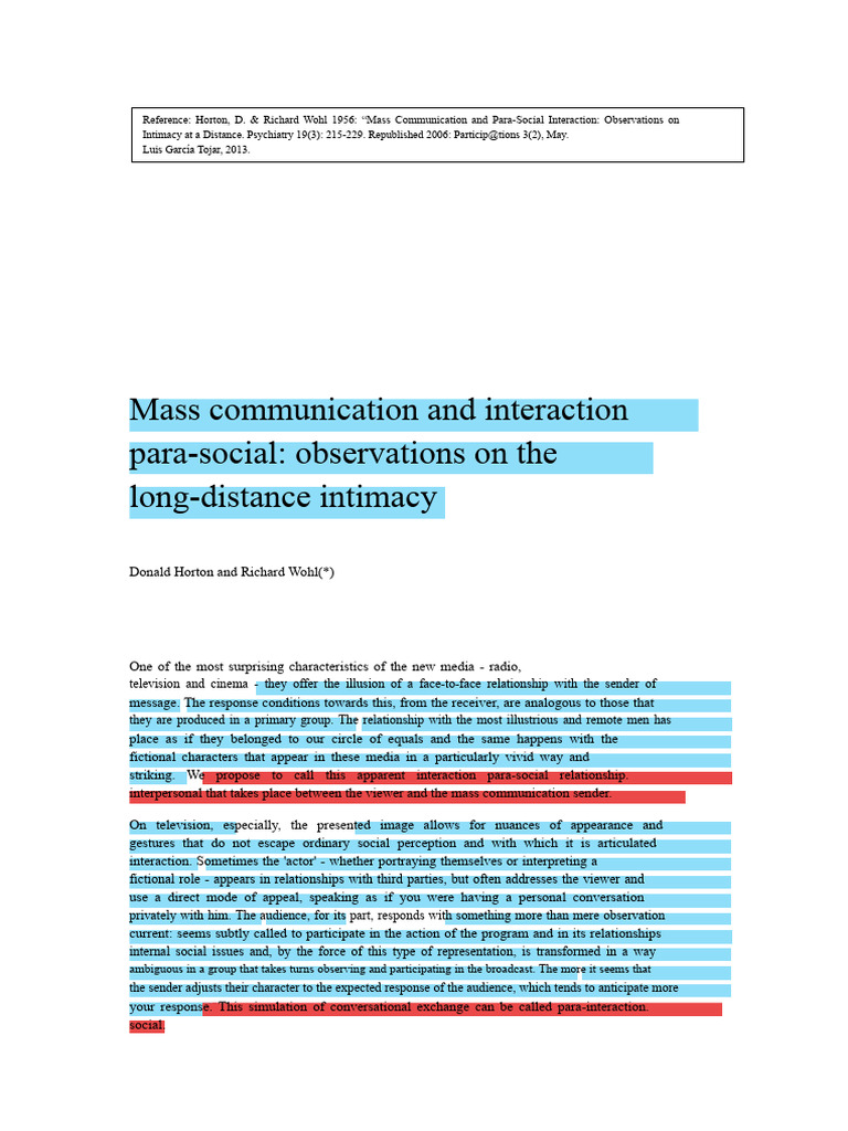 HORTON WOHL Mass communication and parasocial interaction | PDF | Communication | Behavioural ...