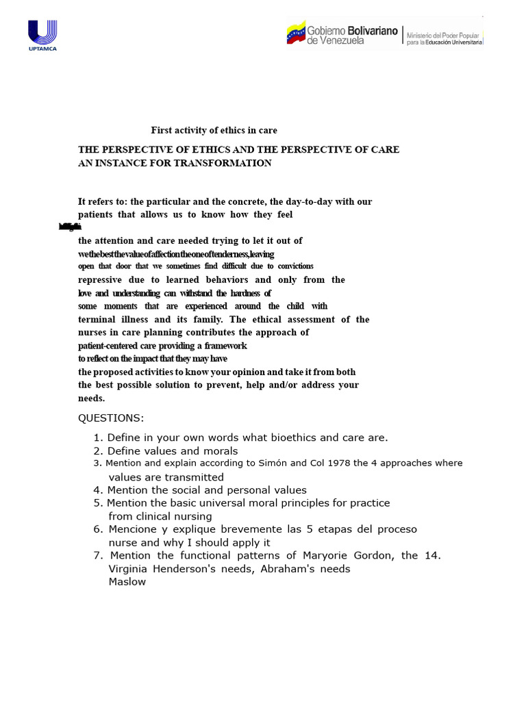 THE PERSPECTIVE OF ETHICS AND THE PERSPECTIVE OF CARE: AN INSTANCE FOR ...