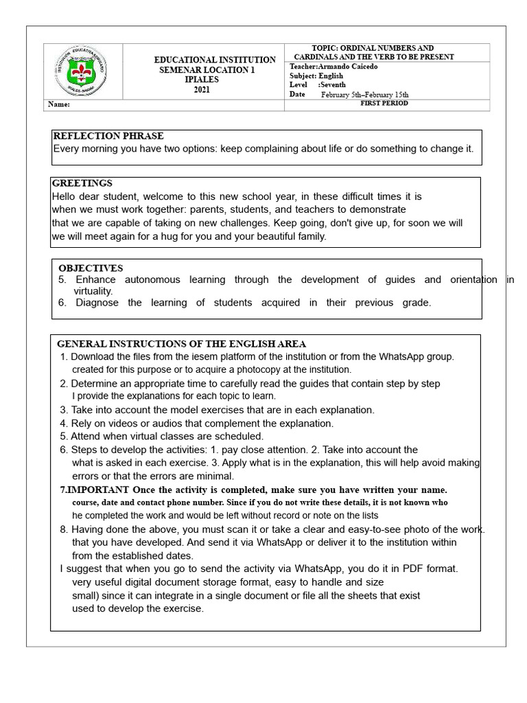Ordinal and Cardinal Numbers and The Verb To Be in The Present | PDF ...