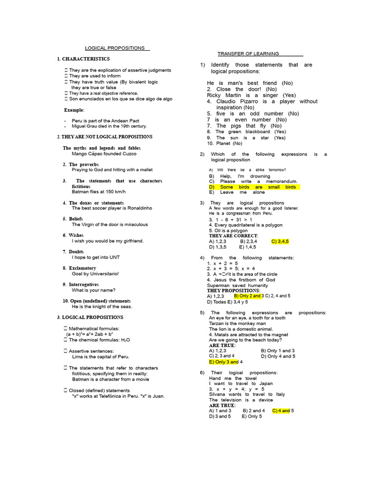 1st Week - Logical Propositions I - 3rd Secondary | PDF | Proposition