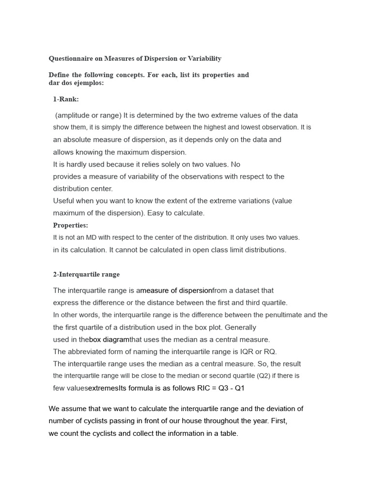 Questionnaire On Measures of Dispersion or Variability | PDF | Variance ...