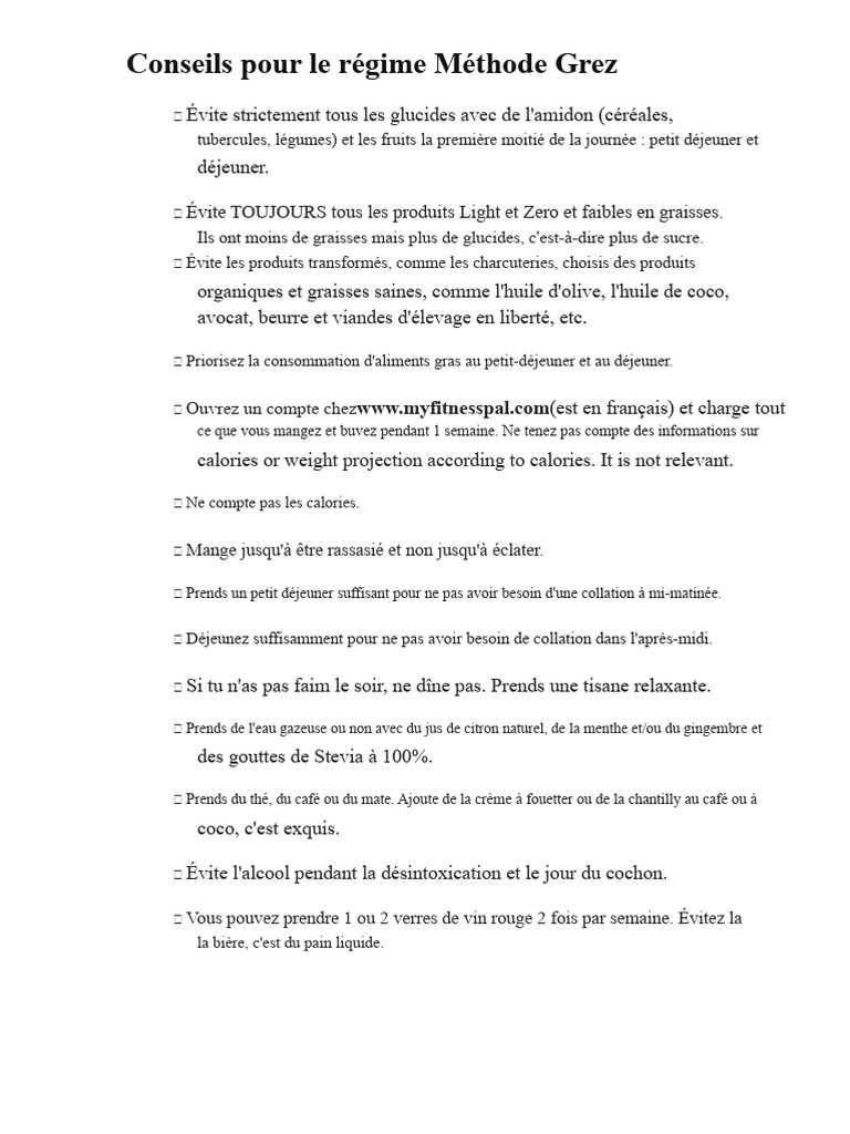 Guide complet du régime Méthode Grez | PDF | Sucre | Régime et nutrition