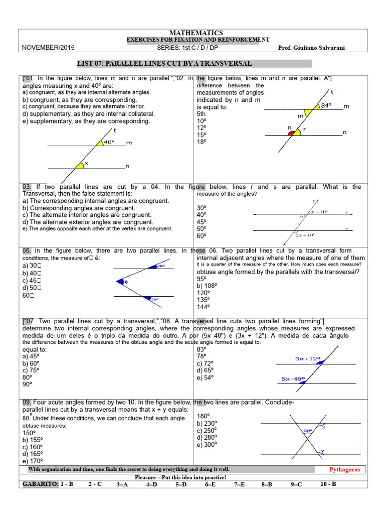 Parallel Lines and Transversals Exercises | PDF | Euclidean Geometry ...