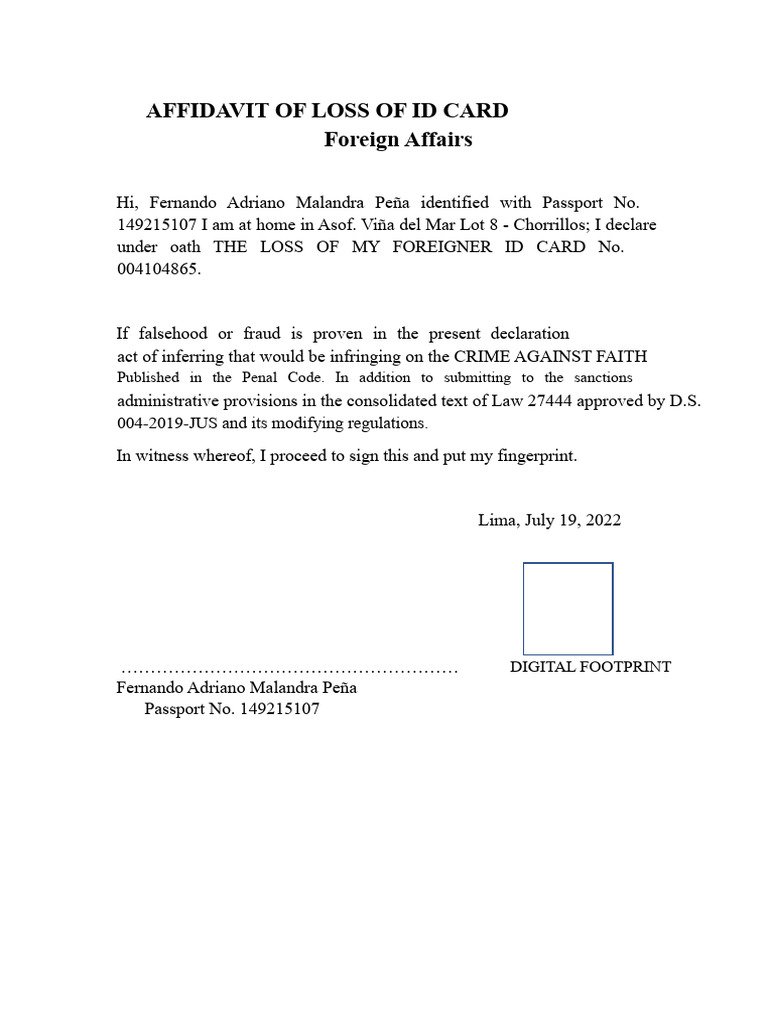 Affidavit of Loss of Id Card Foreign Affairs: 004-2019-JUS and Its ...