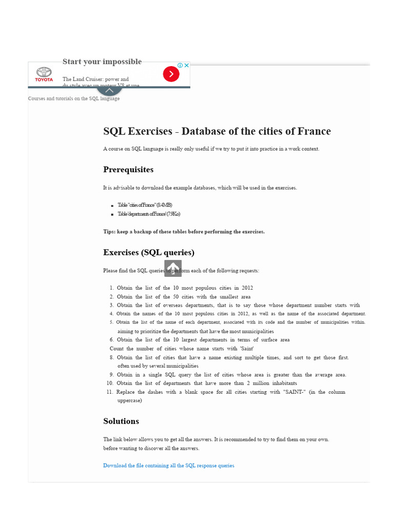 SQL Exercises - Database of French cities - SQL | PDF | Sql | Databases