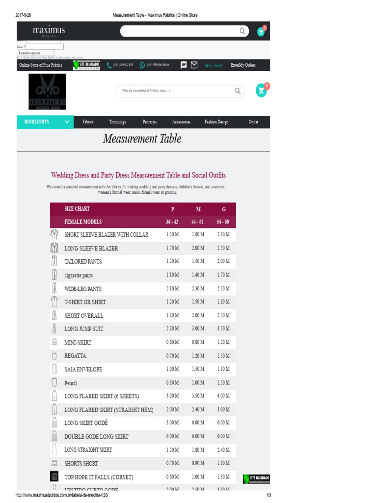 Measurement Table - Maximus Fabrics - Online Store | PDF | Dress | Clothing