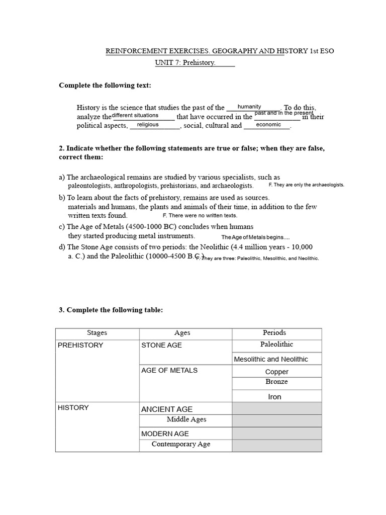 REINFORCEMENT EXERCISES UNIT 7. PREHISTORY | PDF | Paleolithic | Stone Age