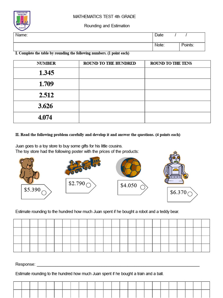 Math Test 4th Grade Estimating and Rounding | PDF