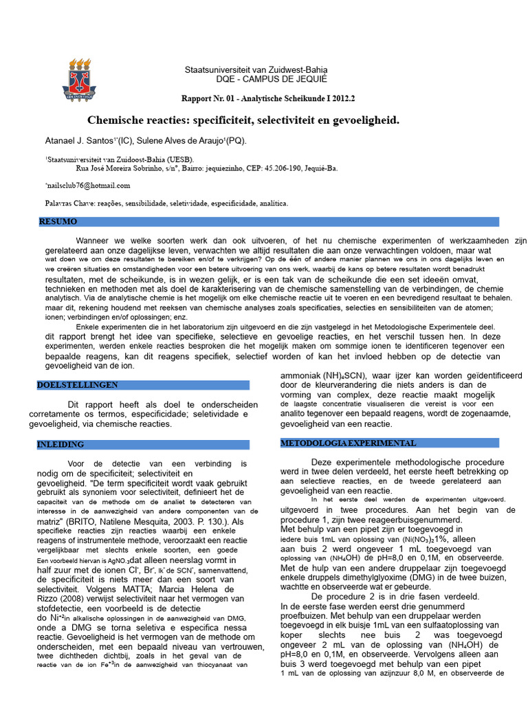 chemische reacties: specificiteit, selectiviteit en gevoeligheid | PDF