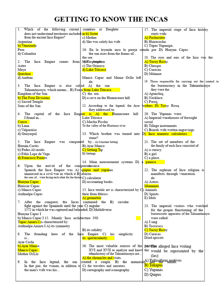 Questionnaire-Incas - Answers | PDF | Inca Empire | Andes