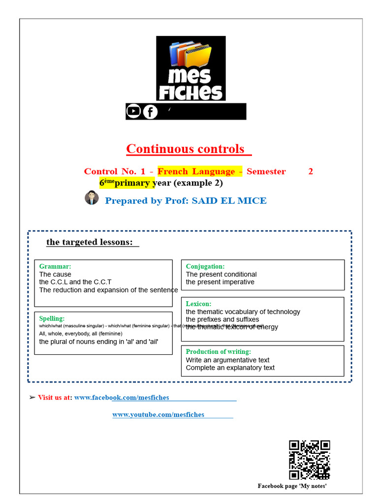 Control 1 in French (Session 2) - 6th Year of Primary School - Example ...