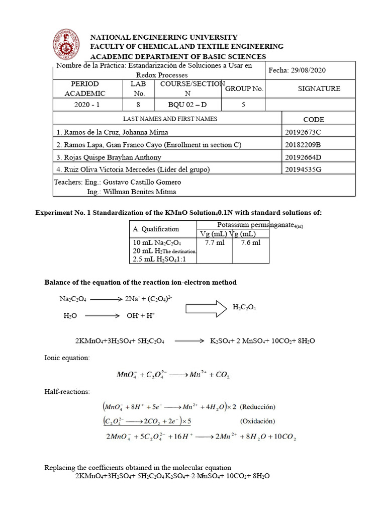 Laboratory Report 8 BQU 02 Standardization of Solutions To Be Used in ...