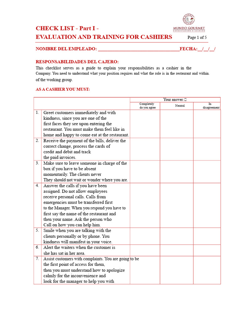 CHECK LIST Part I - EVALUATION AND TRAINING FOR CASHIERS Page 1 of 5 ...