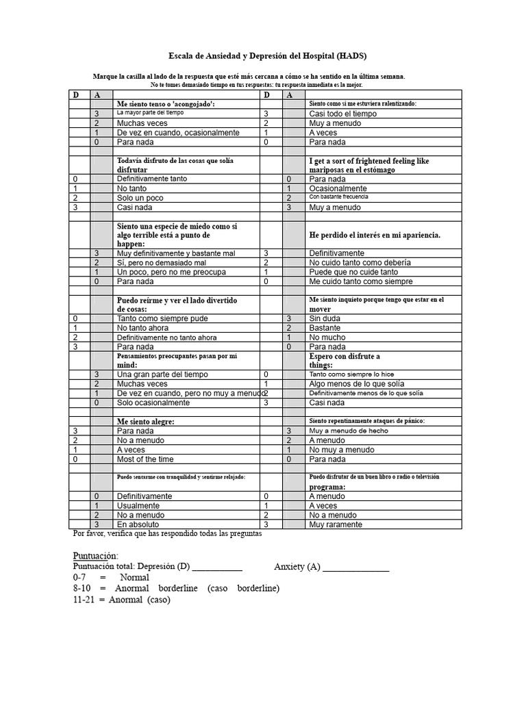 Escala HADS | PDF | Ansiedad | Depresión (estado de ánimo)