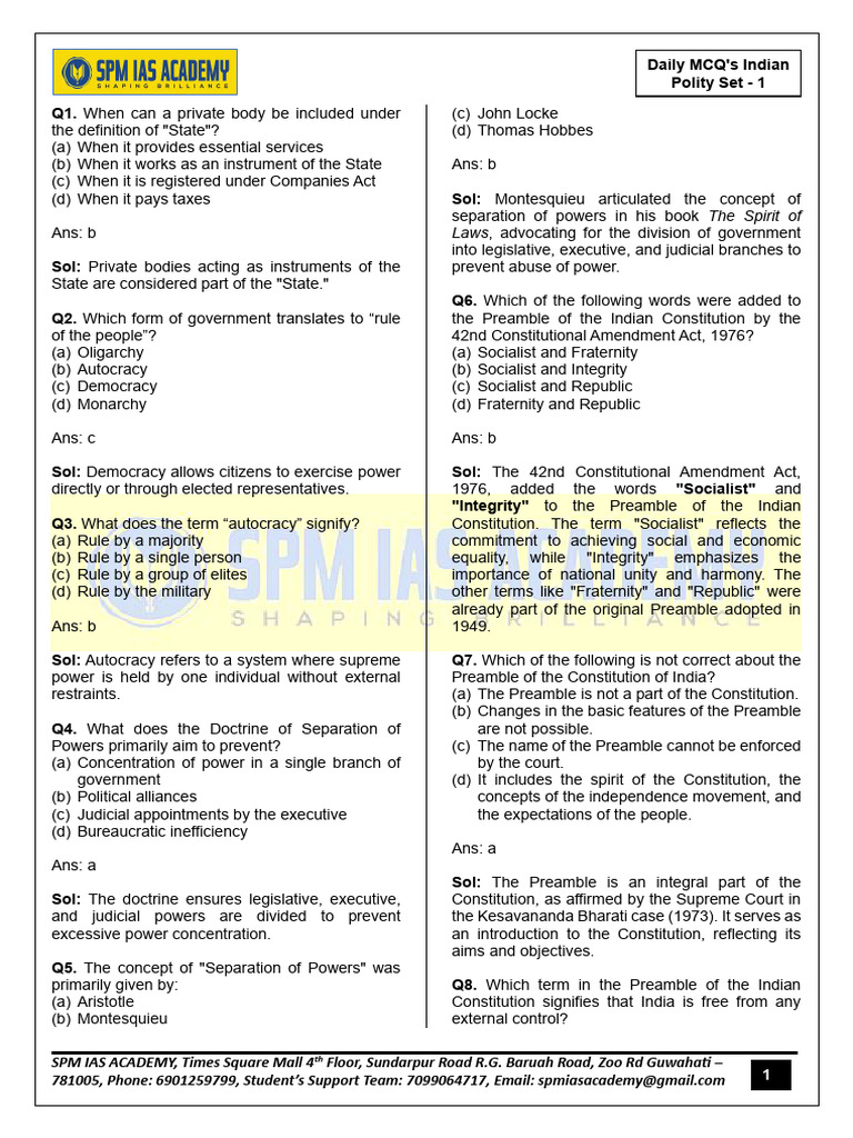 Daily Mcqs Indian Polity Set 1 | PDF | Republic | Separation Of Powers