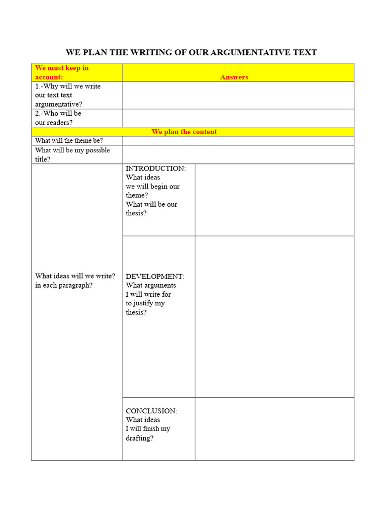 We Plan The Writing of Our Argumentative Text | PDF