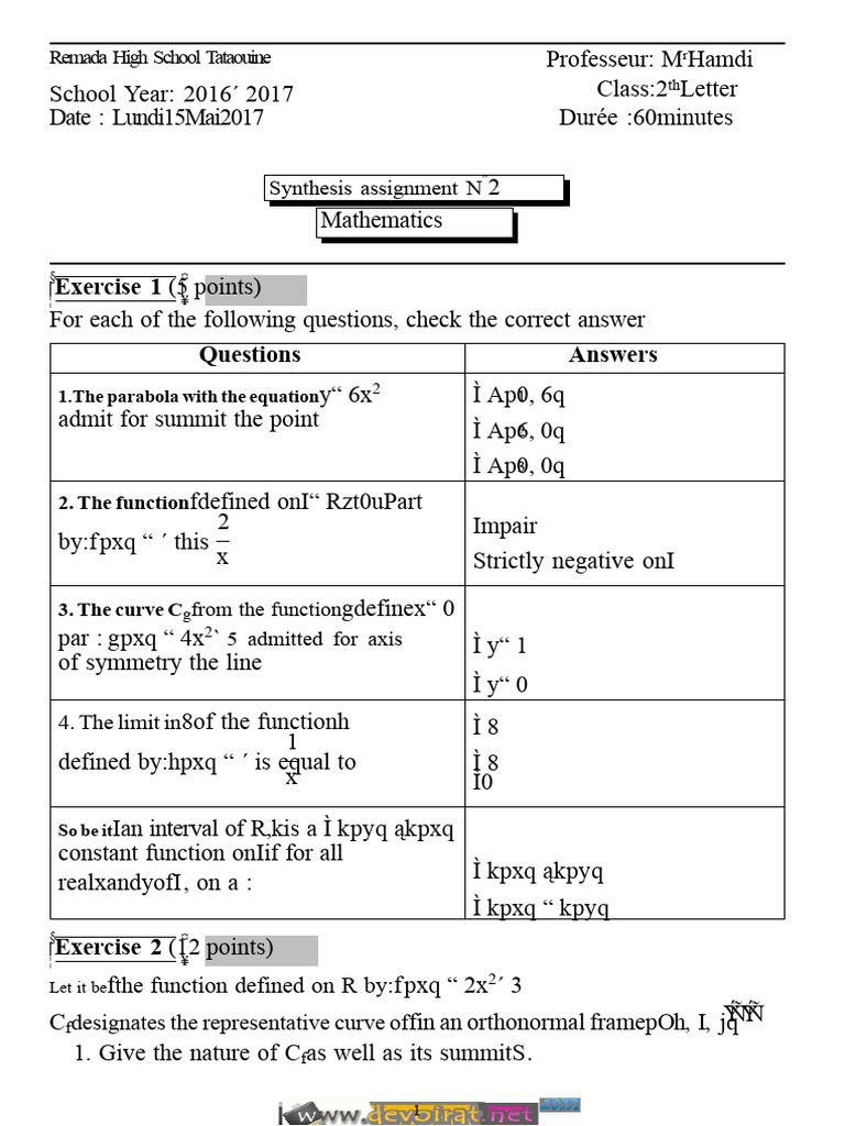 Synthesis Assignment No. 2 - Math - 2nd Letters (2016-2017) Mr. Zantour ...