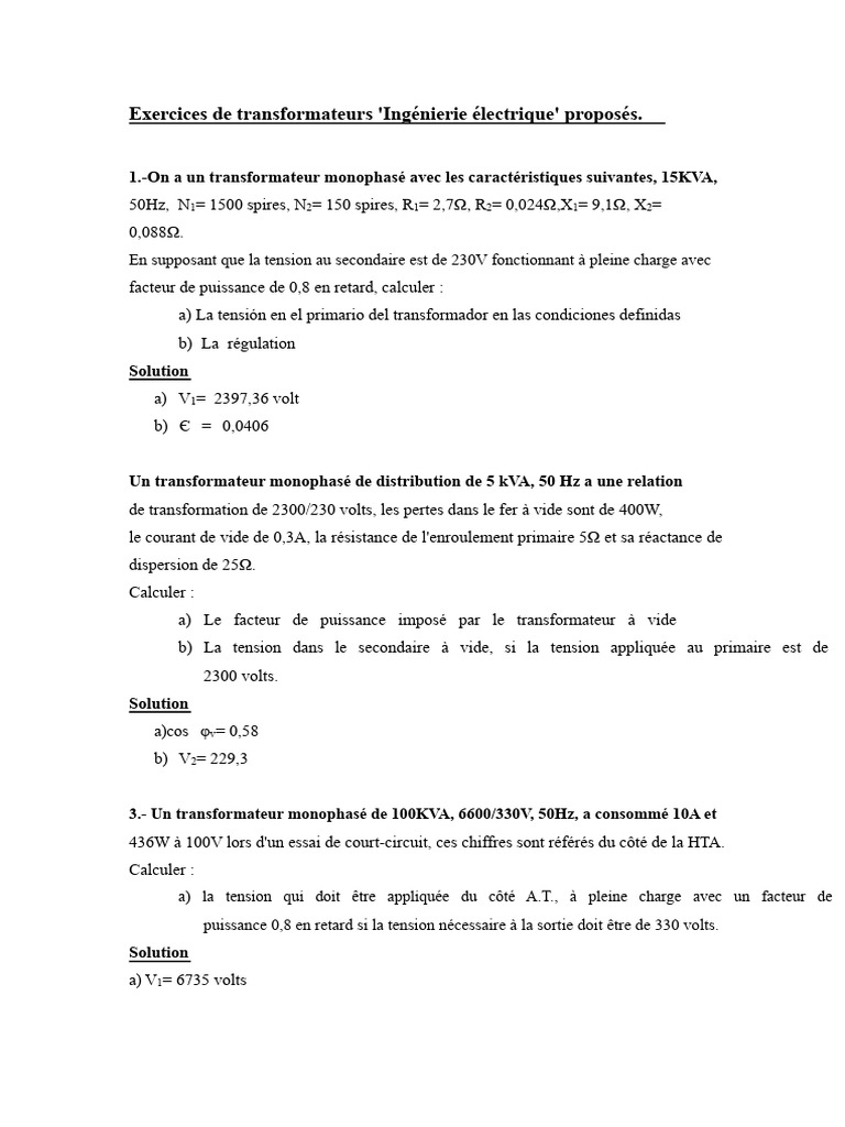 Exercices sur les transformateurs monophasés et triphasés | PDF ...