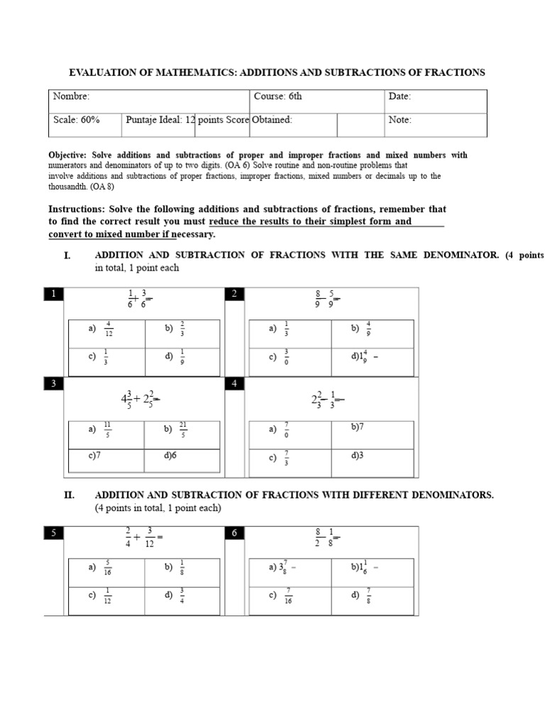 Test of Addition and Subtraction of Fractions | PDF | Discrete ...