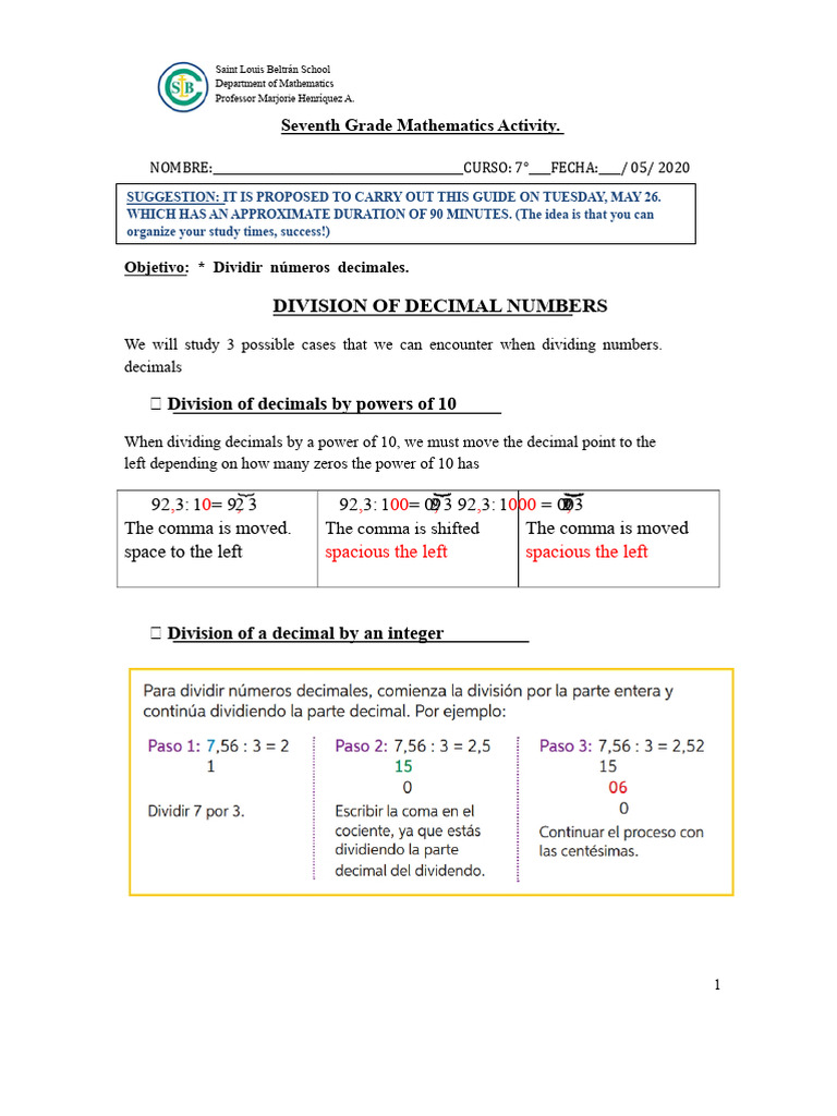 MATHEMATICS - 7th Grade - Division-Decimal Numbers - Week-May 25 | PDF