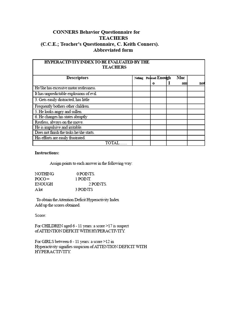 Conners Behavior Questionnaire Overview | PDF | Attention Deficit ...