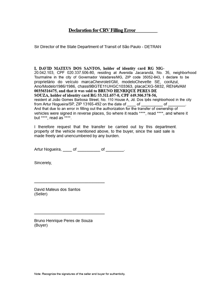 Declaration Due To Filling Error CRV | PDF