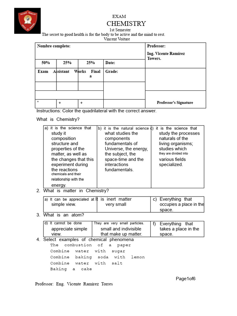 First Partial Exam Chemistry I, 1st Semester | PDF | Chemistry | Density