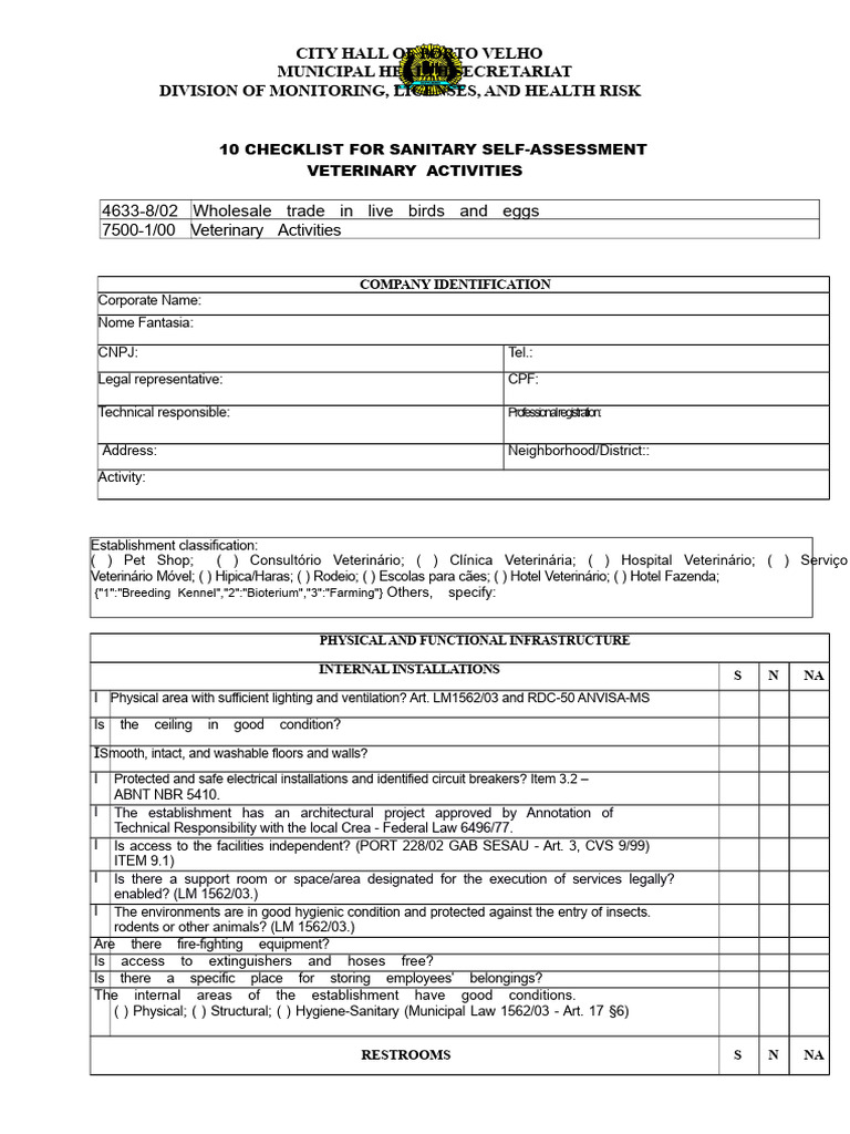 Veterinary Sanitary Self-Assessment Checklist | PDF | Waste | Septic Tank