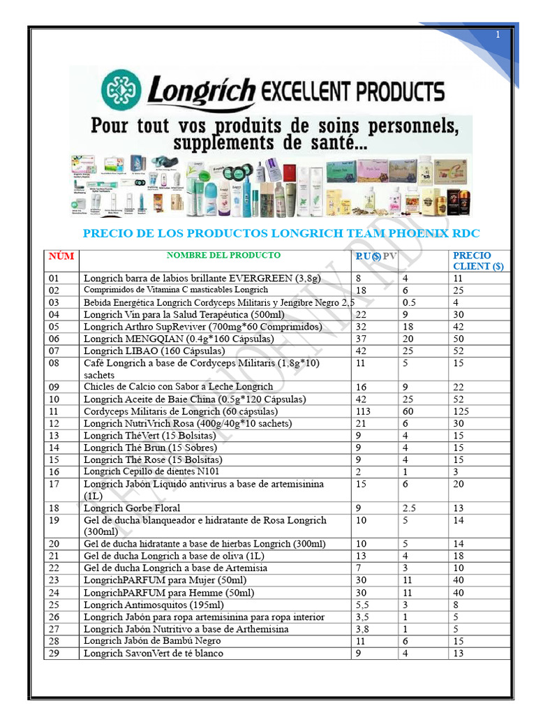 Los Precios de Los Productos Longrich RDC | PDF