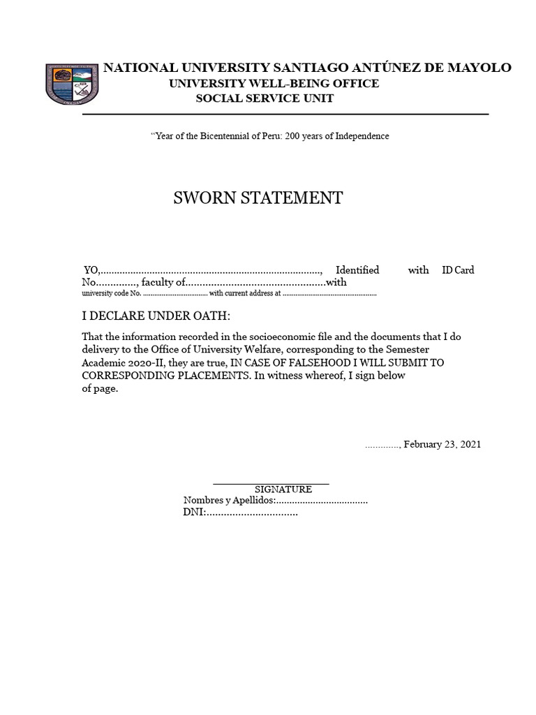 Sworn Statement for Socioeconomic File | PDF