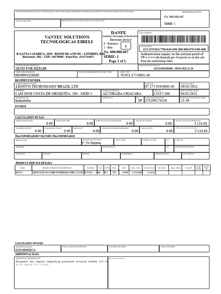 067 Danfe - Lenovo - Repair Shipment | PDF | Invoice | Computing