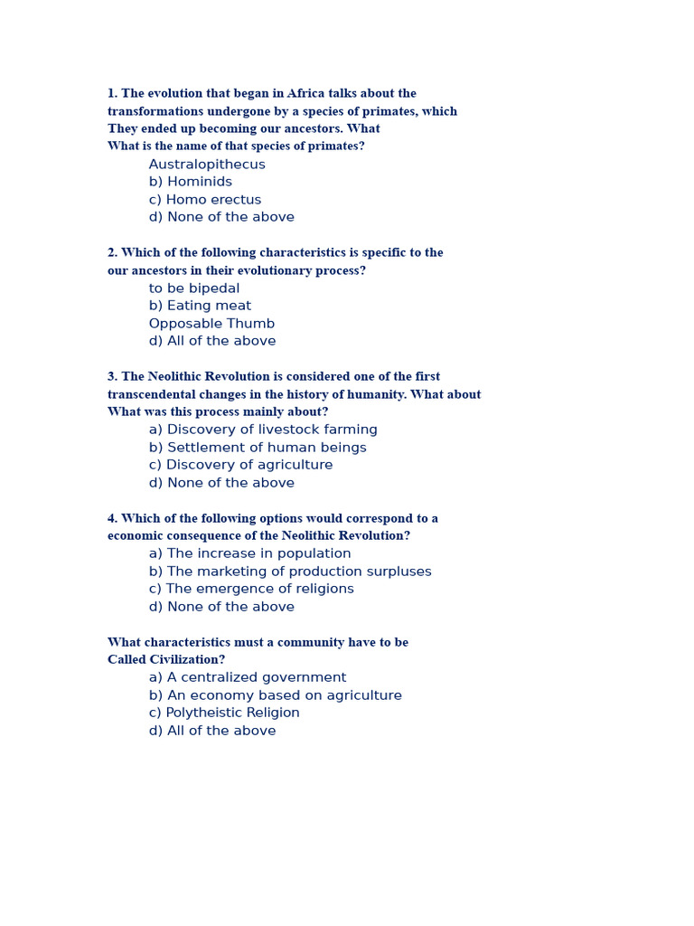 History Questions 7th Grade | PDF | Homo | Neolithic