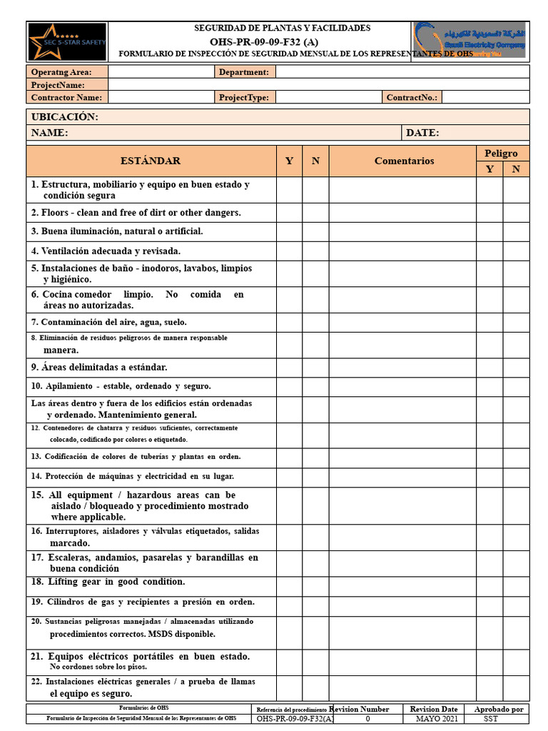Ohs-Pr-09-09-F32 (A) Formulario de Inspección de Seguridad Mensual de ...