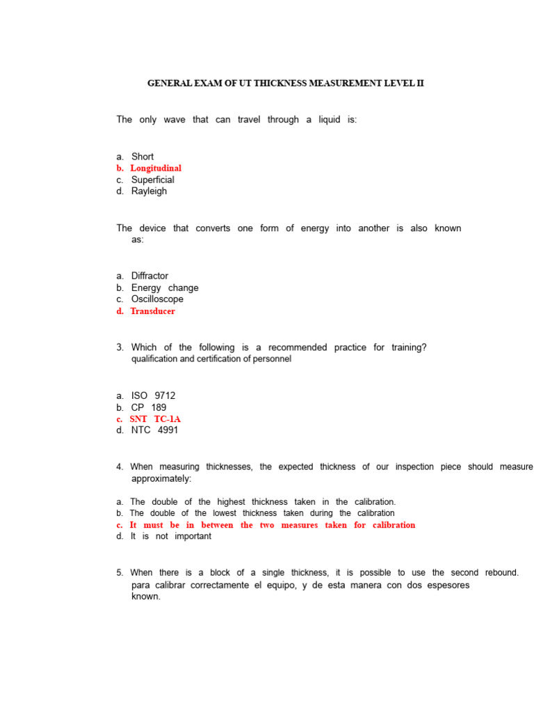 UT Thickness Measurement Exam Level II | PDF | Ultrasound | Waves