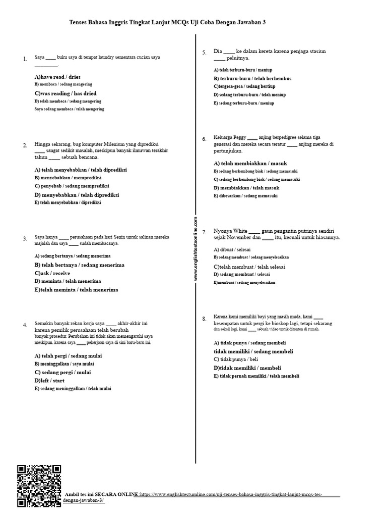 886 - Tenses Bahasa Inggris Tingkat Lanjut Tes MCQ Dengan Jawaban-3 | PDF