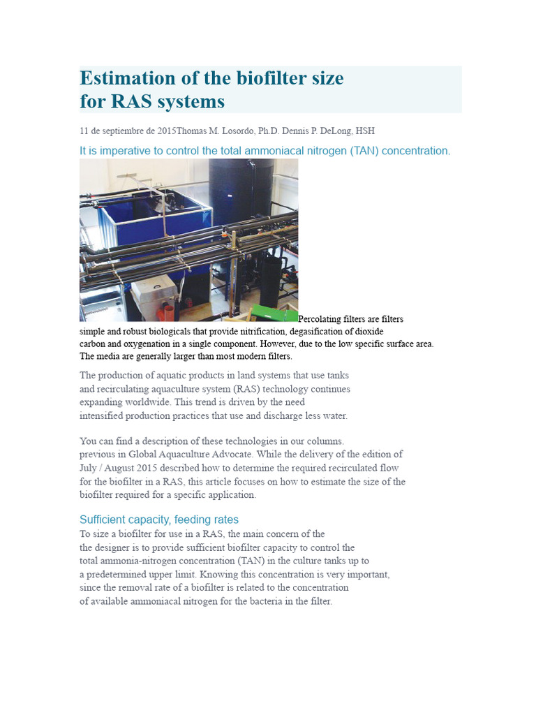 Estimation of The Biofilter Size For RAS Systems | PDF | Environmental ...