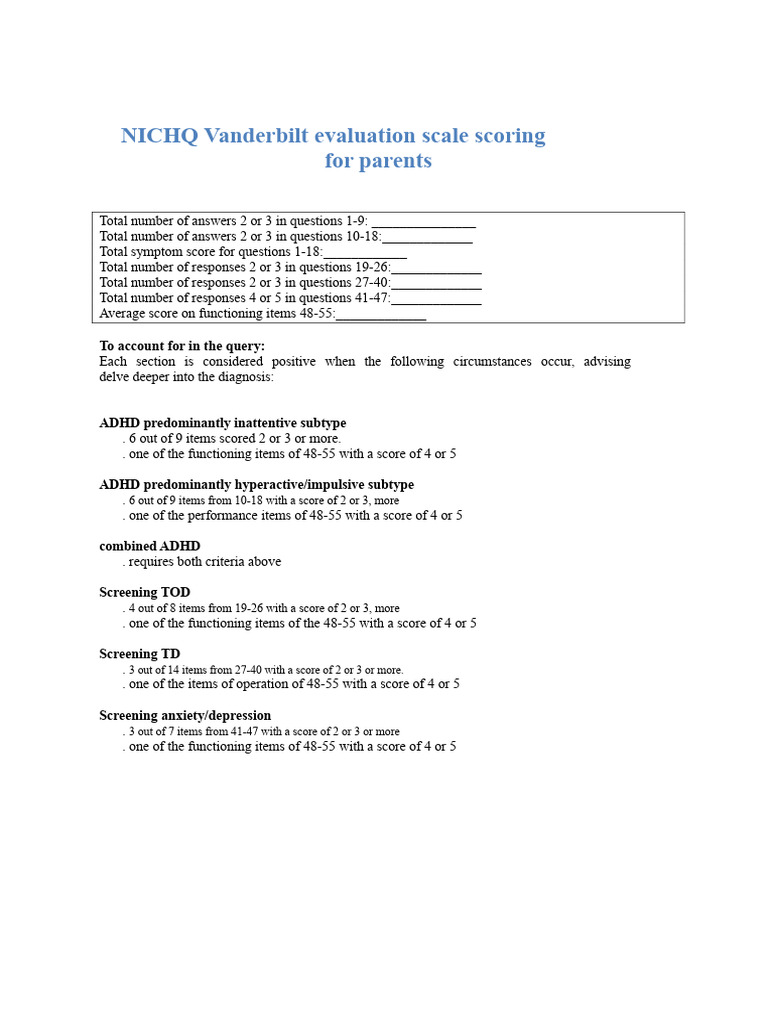 NICHQ Vanderbilt Parent Scale Scoring | PDF