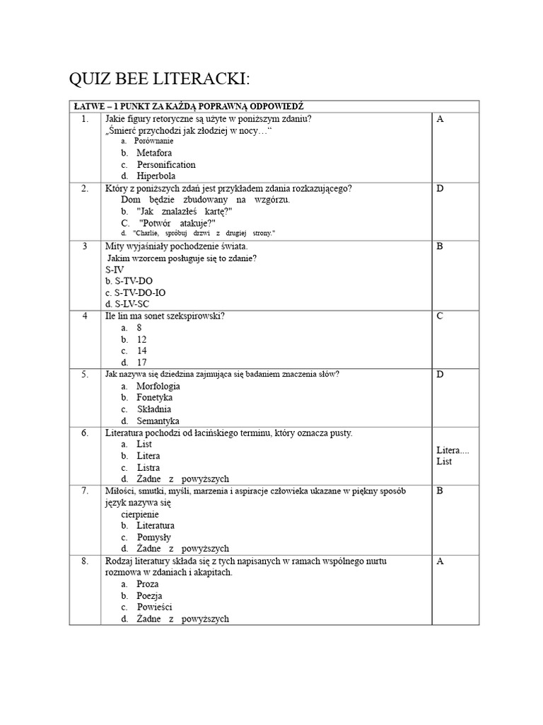 LITERACKI QUIZ BEE | PDF