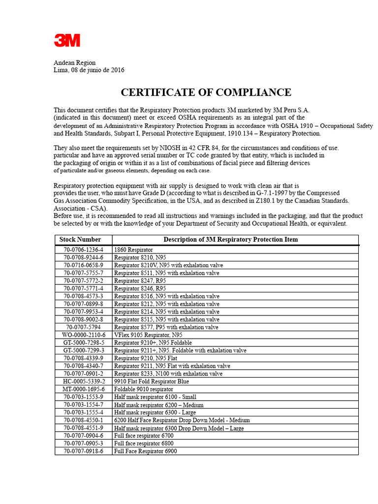 3M Compliance Certificate | PDF | Personal Protective Equipment ...
