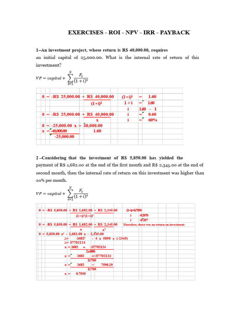 3.1- Resolution EXERCISES - ROI - NPV - IRR - PAYBACK | PDF | Internal ...