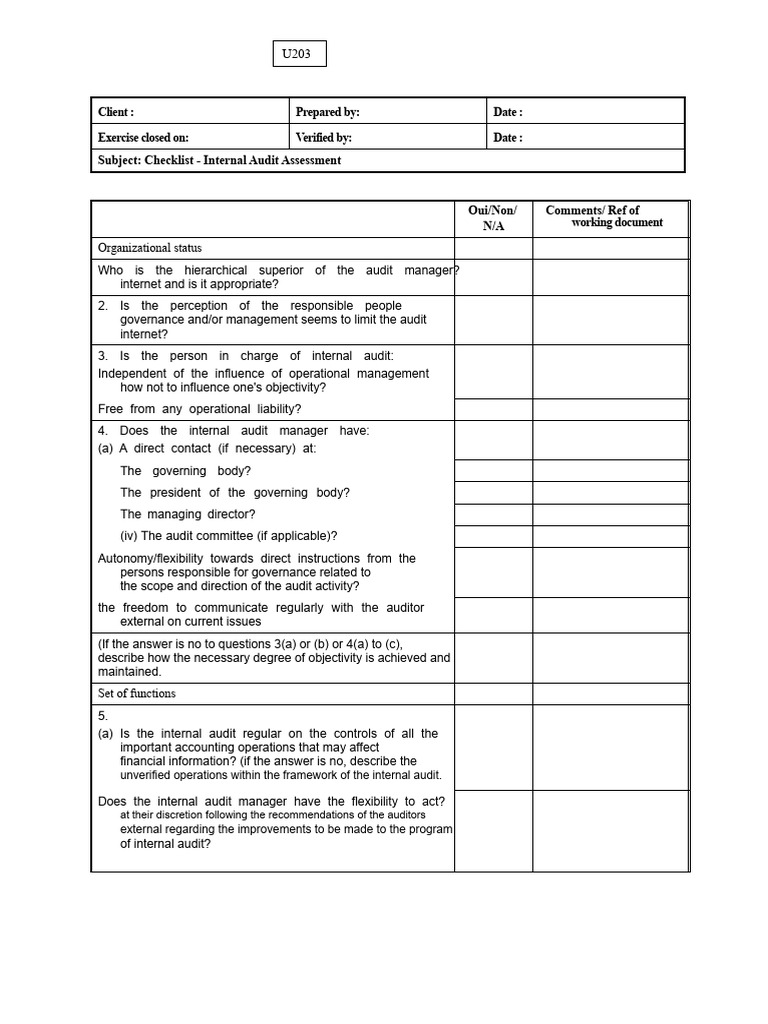 U203 Checklist - Internal Audit Evaluation | PDF | Internal Audit | Audit