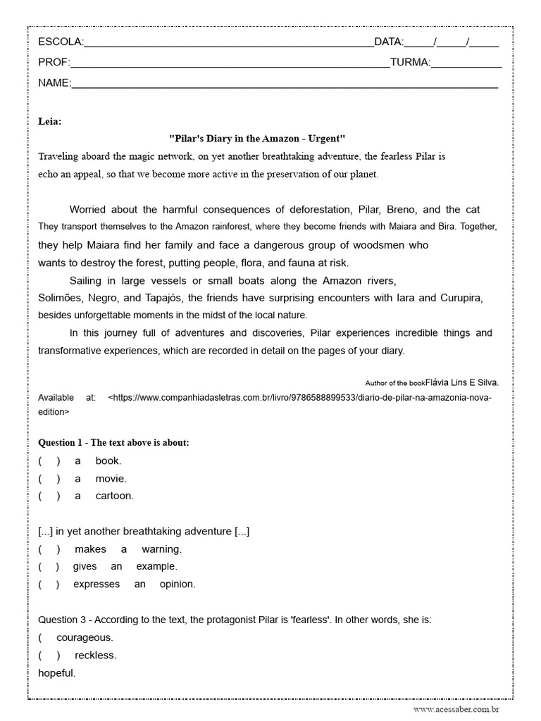 Text Interpretation - Pilar's Diary in The Amazon - 5th Year PDF | PDF ...