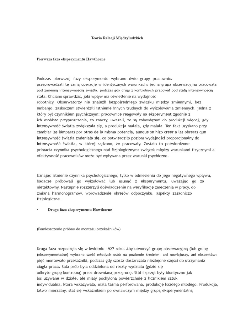 Fazy Eksperymentu Hawthorne | PDF