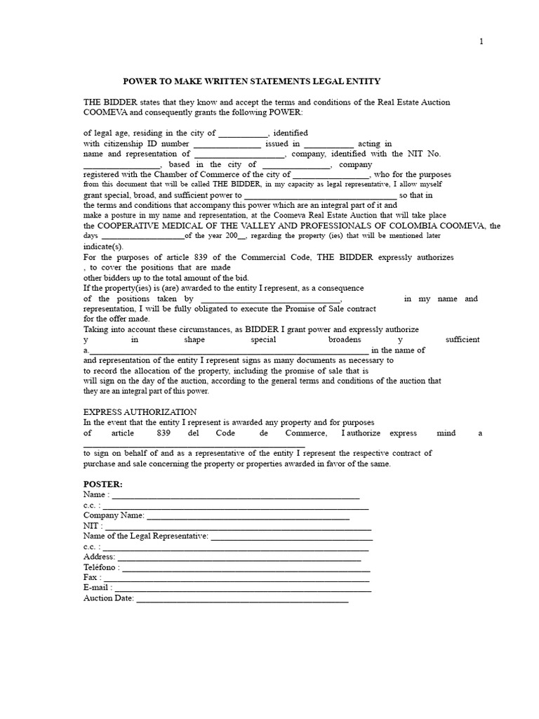 POWER TO MAKE WRITTEN STATEMENTS LEGAL ENTITY | PDF | Auction ...