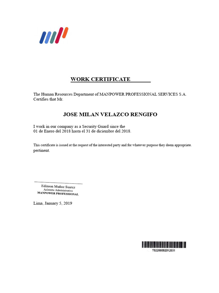 Security Guard Work Certificate | PDF