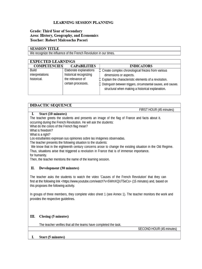 French Revolution Learning Session Plan | PDF