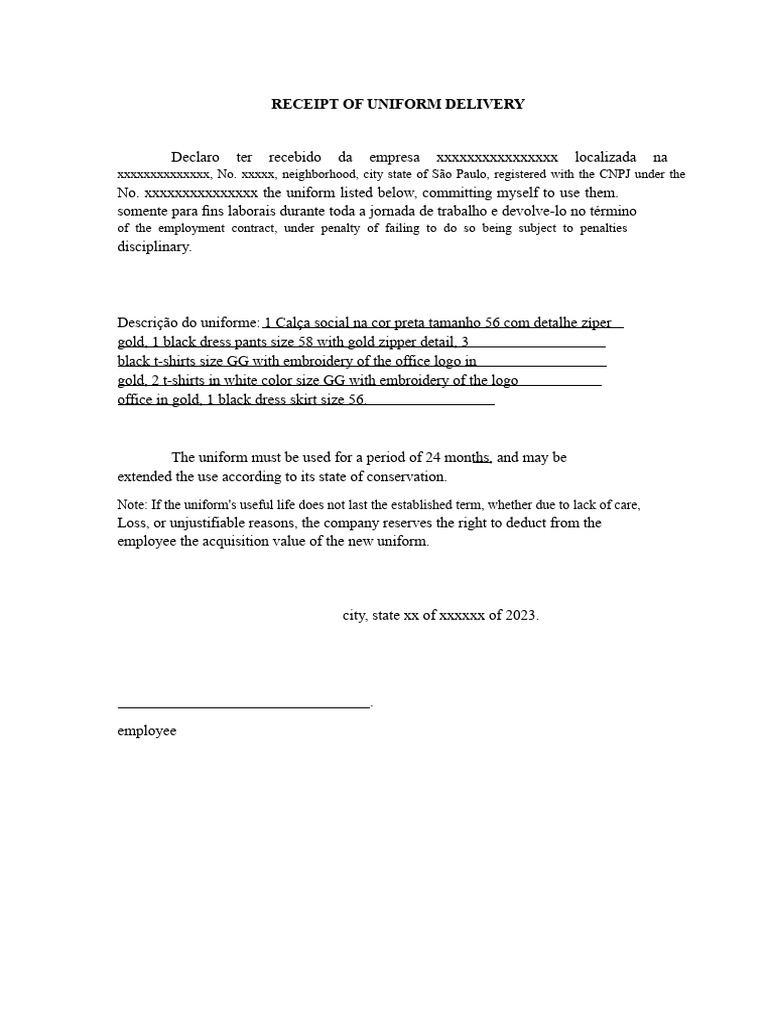 Uniform Receipt and Usage Agreement | PDF